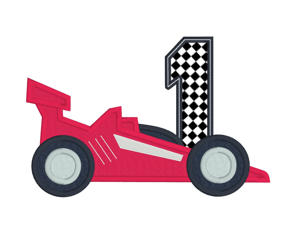 Race car and number 1 Applique Embroidery Design – Snuggle Puppy Applique